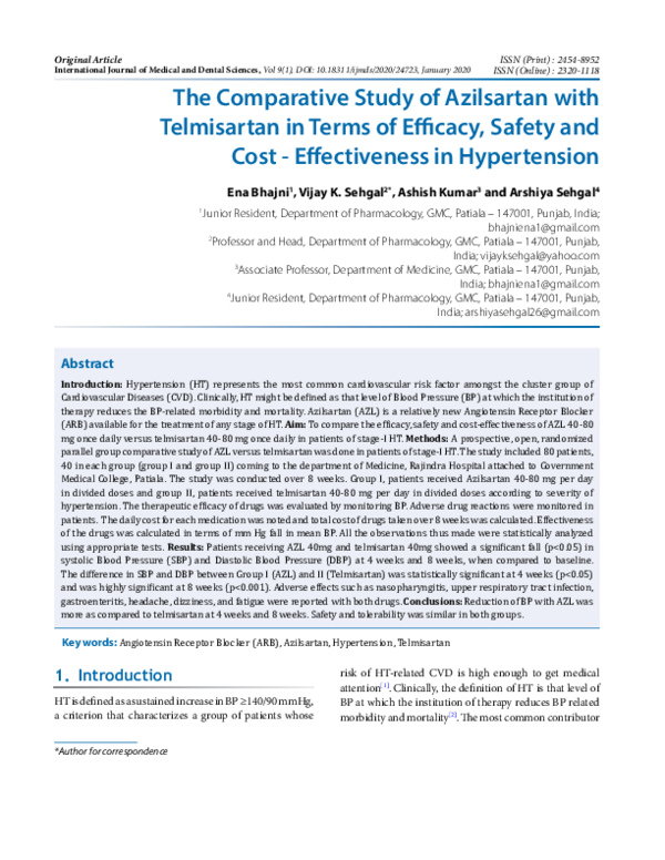 (PDF) The Comparative Study of Azilsartan with Telmisartan in Terms of ...
