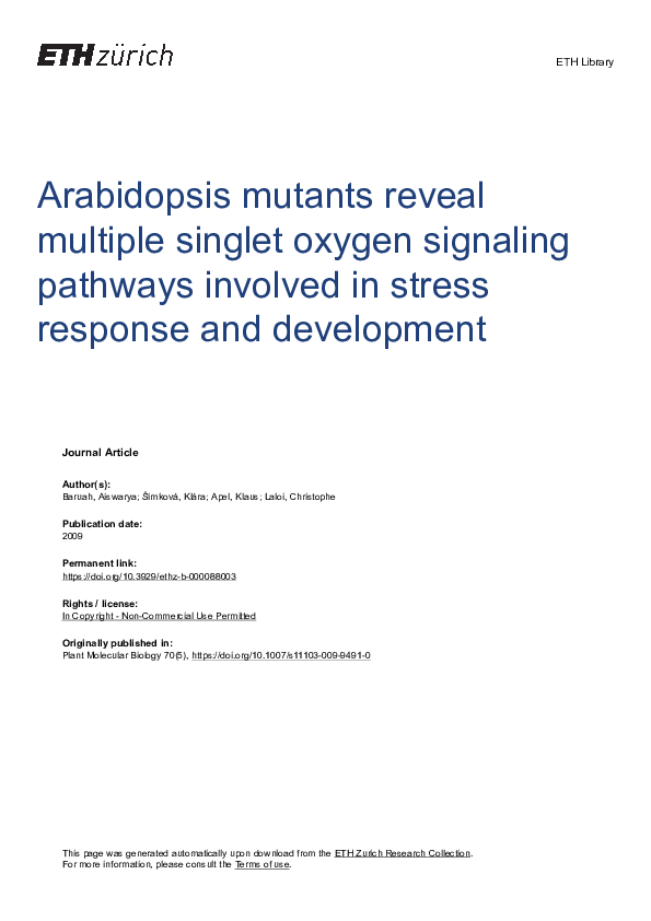 (PDF) Arabidopsis mutants reveal multiple singlet oxygen signaling pathways involved in stress ...