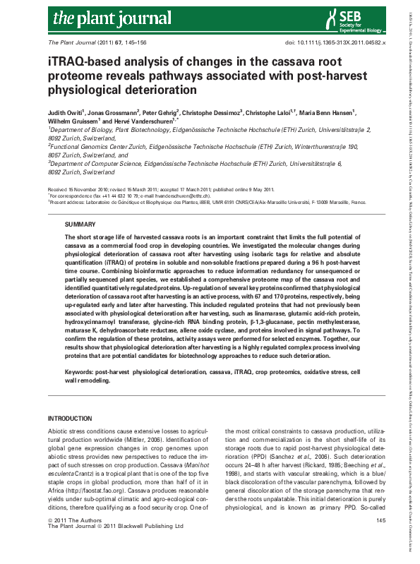 (PDF) iTRAQ-based analysis of changes in the cassava root proteome reveals pathways associated ...