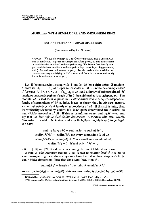 (PDF) Modules with semi-local endomorphism ring