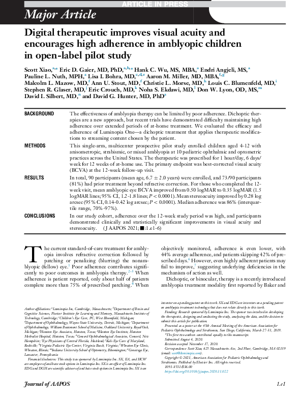 (PDF) Digital therapeutic improves visual acuity and encourages high adherence in amblyopic ...