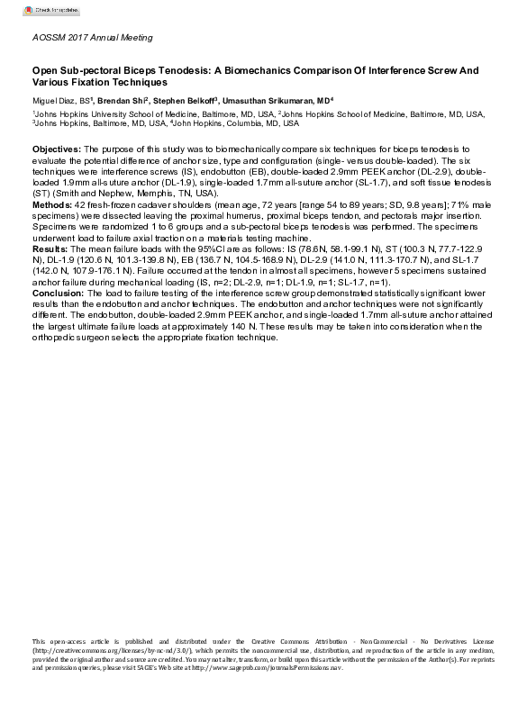 Open Sub-pectoral Biceps Tenodesis: A Biomechanics Comparison Of ...