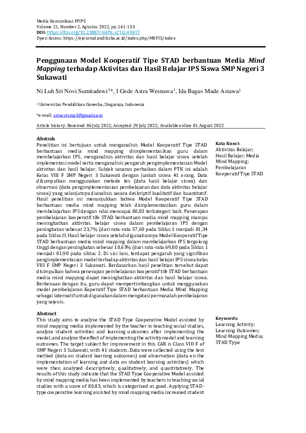 (PDF) Penggunaan Model Kooperatif Tipe STAD berbantuan Media Mind Mapping terhadap Aktivitas dan ...