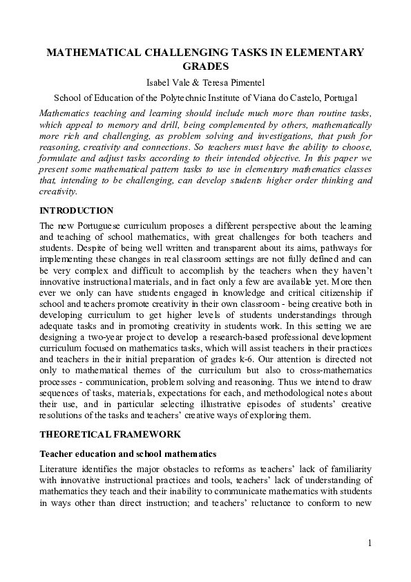 (PDF) Mathematical challenging tasks in elementary grades