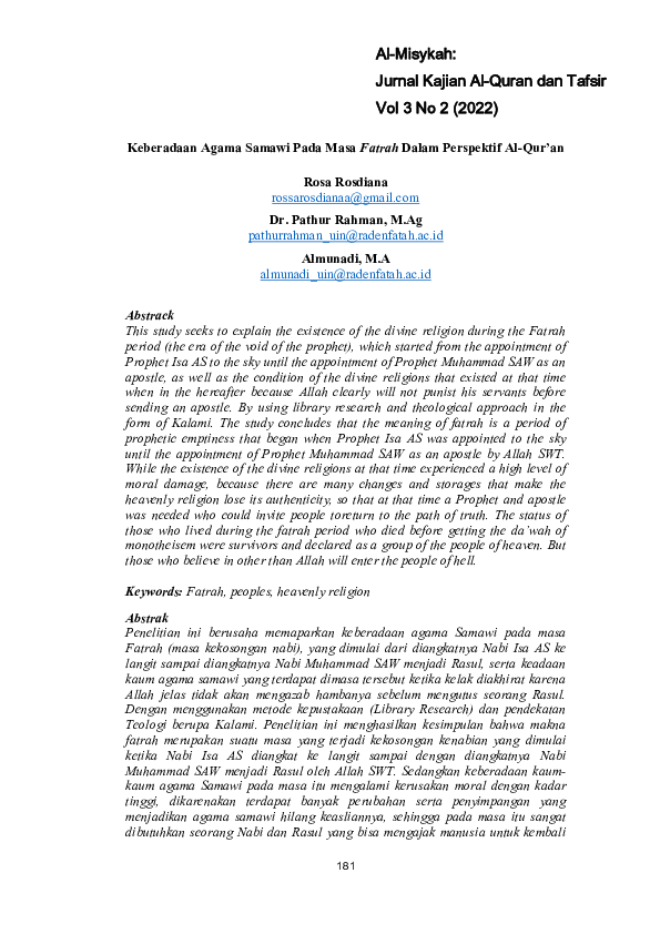 (PDF) Keberadaan Agama Samawi Pada Masa Fatrah Dalam Perspektif Al-Qur ...
