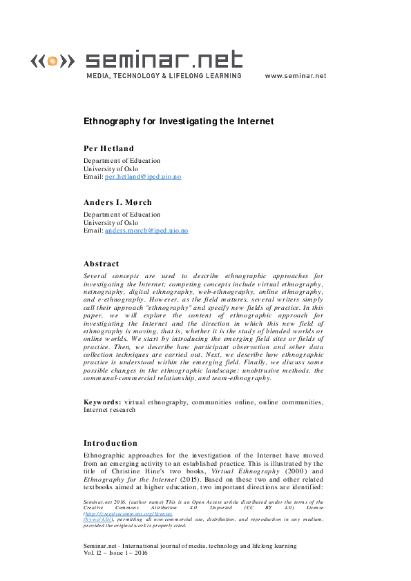 (PDF) Ethnography for Investigating the Internet