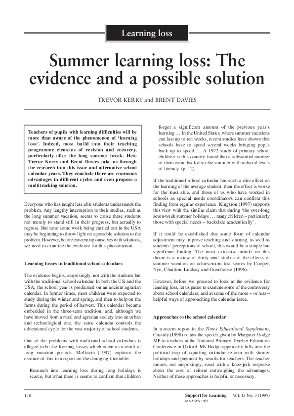 (PDF) Summer Learning Loss: The Evidence and a Possible Solution