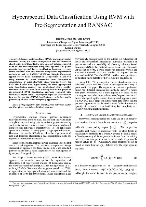 Pdf Hyperspectral Data Classification Using Rvm With Pre Segmentation