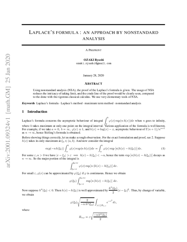 (PDF) Laplace's formula: an approach by nonstandard analysis