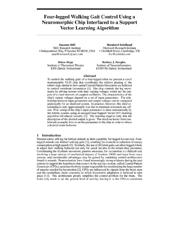 (PDF) Four-legged walking gait control using a neuromorphic chip ...