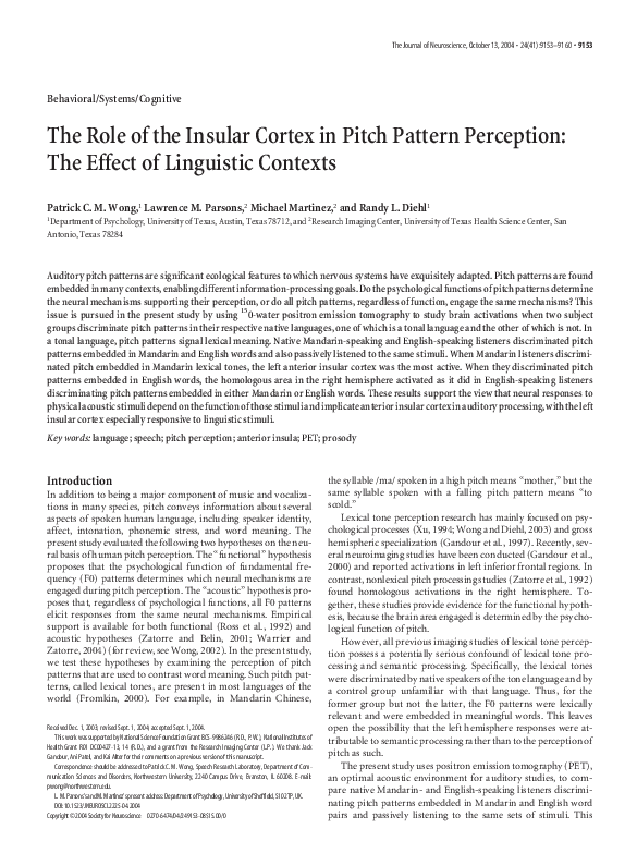 (PDF) The Role of the Insular Cortex in Pitch Pattern Perception: The Effect of Linguistic Contexts