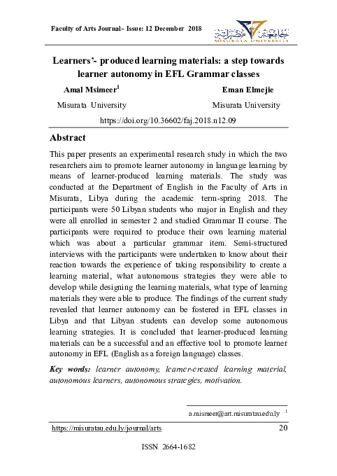 (PDF) Learners’- produced learning materials: a step towards learner autonomy in EFL Grammar classes