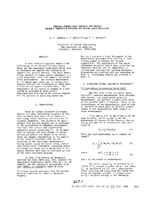 Pdf Combined Dynamic Data Analysis And Process Variable Prediction Approach For System Fault 