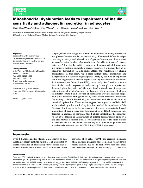 (PDF) Mitochondrial dysfunction leads to impairment of insulin ...