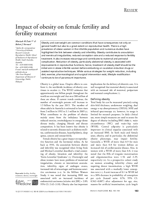 (PDF) Impact of Obesity on Female Fertility and Fertility Treatment