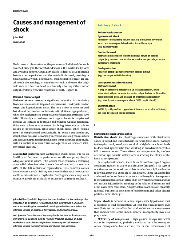 (PDF) Causes and management of shock