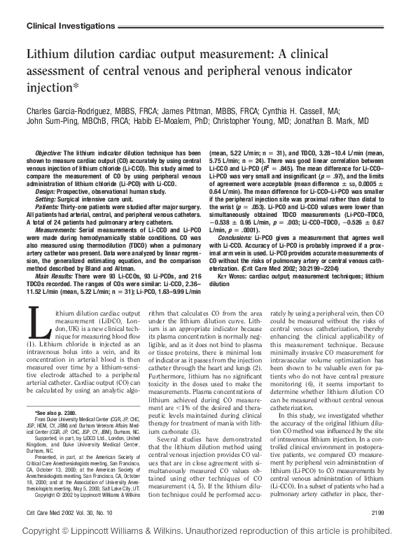 (PDF) Lithium dilution cardiac output measurement: A clinical ...