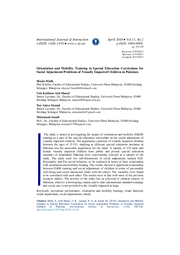 (PDF) Orientation and Mobility Training in Special Education Curriculum for Social Adjustment ...