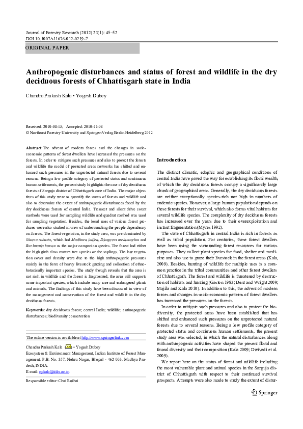 (PDF) Anthropogenic disturbances and status of forest and wildlife in ...