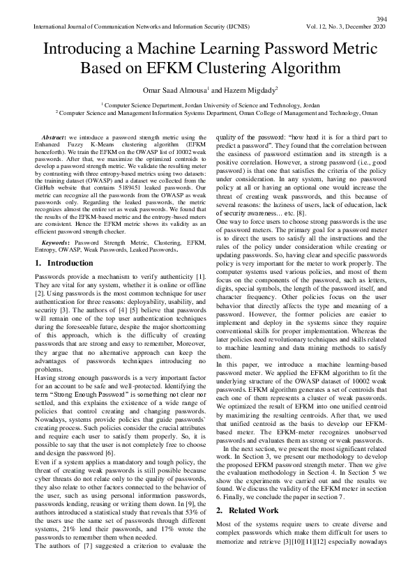 (PDF) Introducing a Machine Learning Password Metric Based on EFKM ...