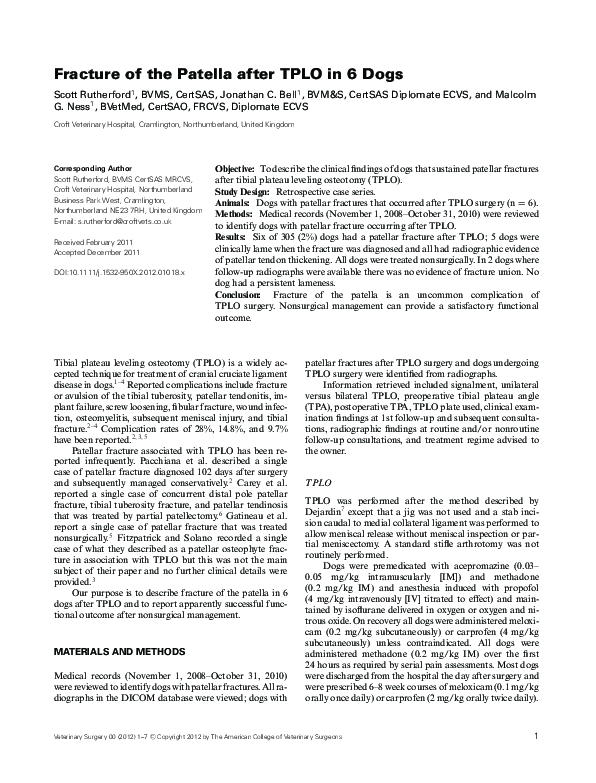(PDF) Fracture of the Patella after TPLO in 6 Dogs | Malcolm Ness ...