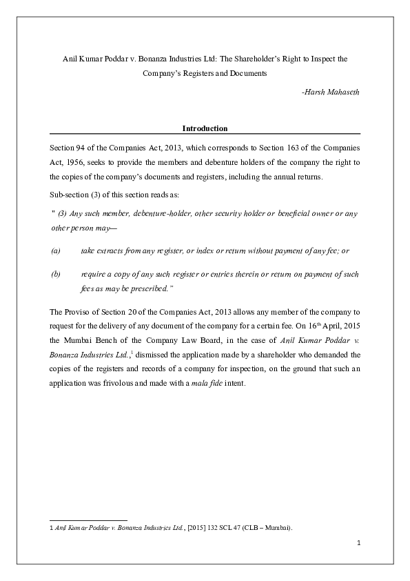 (DOC) Anil Kumar Poddar v/s Bonanza Industries Ltd: The shareholder’s ...