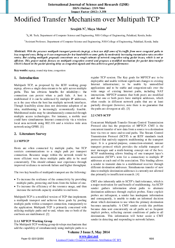 (PDF) Modified Transfer Mechanism over Multipath TCP