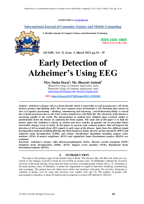 (PDF) Early Detection of Alzheimer’s Using EEG