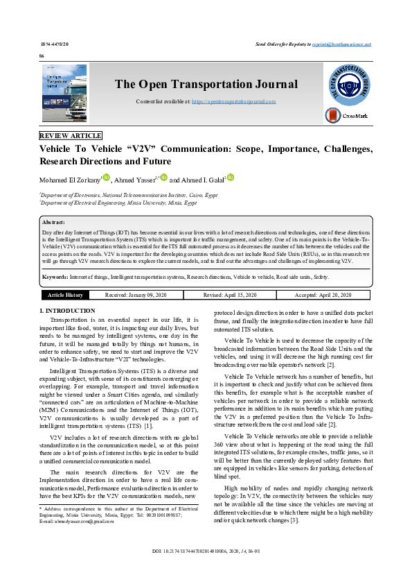 (PDF) Vehicle To Vehicle “V2V” Communication: Scope, Importance ...