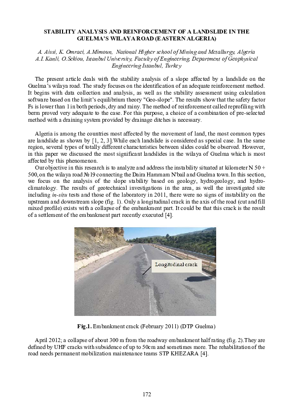 (PDF) Stability analysis and reinforcement of a landslide in the Guelma's wilaya road (Eastern ...