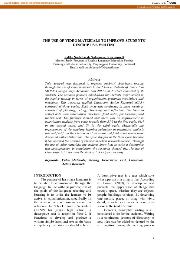 (PDF) The Use of Video Materials to Improve Students’ Descriptive Writing