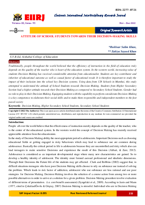 (PDF) Attitude of School Students Towards Their Decision-Making Skills