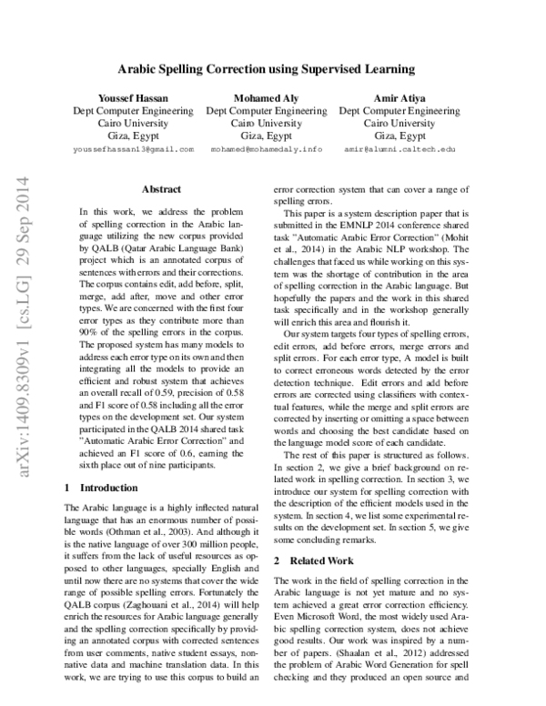 (PDF) Arabic Spelling Correction using Supervised Learning | Youssef Hassan - Academia.edu