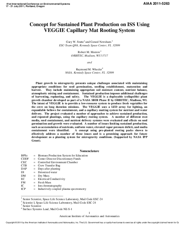 (PDF) Concept for Sustained Plant Production on ISS Using VEGGIE ...