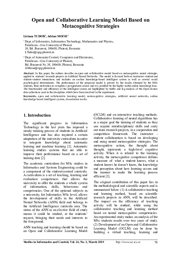 (PDF) Open and Collaborative Learning Model Based on Metacognitive Strategies