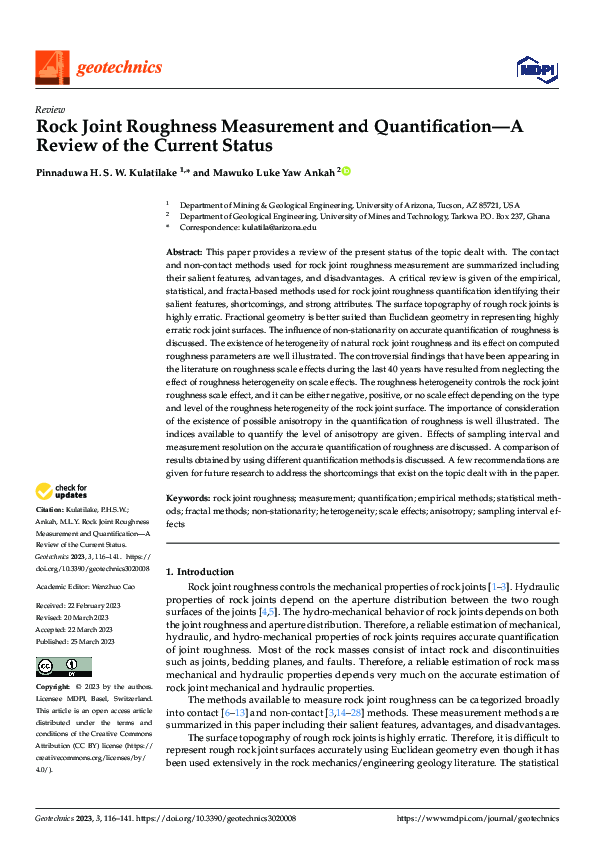 (PDF) Rock Joint Roughness Measurement and Quantification—A Review of ...