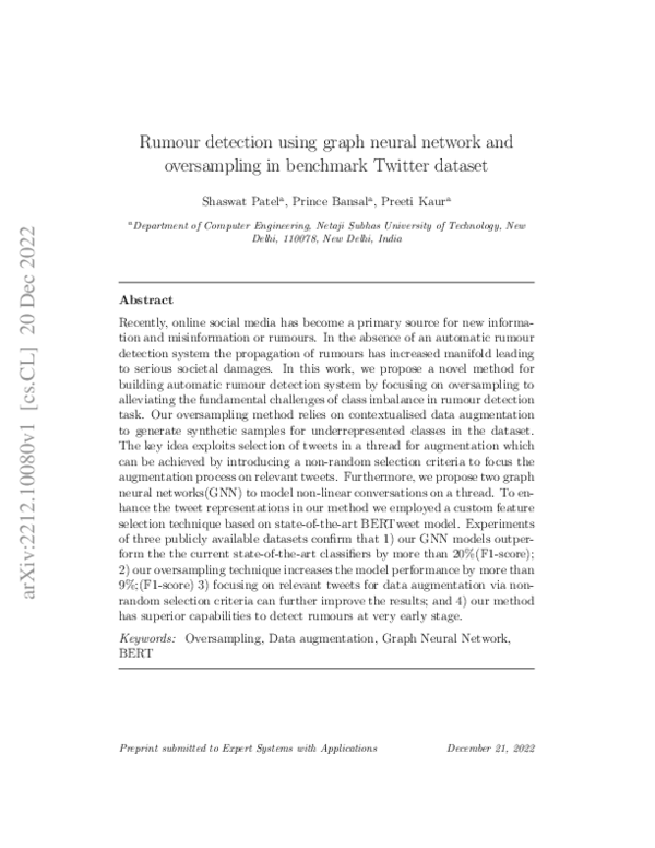 (PDF) Rumour detection using graph neural network and oversampling in benchmark Twitter dataset