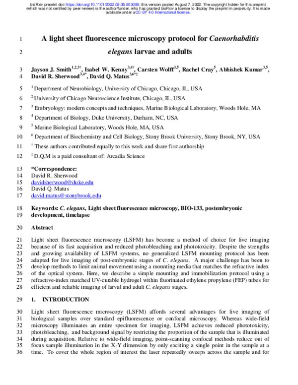 (PDF) A light sheet fluorescence microscopy protocol for Caenorhabditis elegans larvae and adults