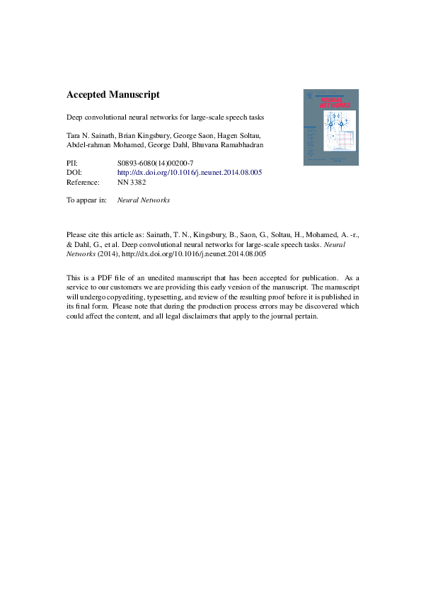 (PDF) Deep Convolutional Neural Networks for Large-scale Speech Tasks