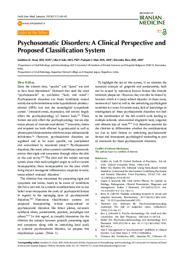 (PDF) Psychosomatic Disorders: A Clinical Perspective and Proposed ...