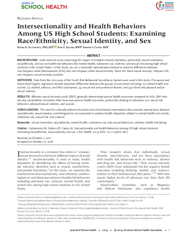 (PDF) Intersectionality and Health Behaviors Among US High School ...