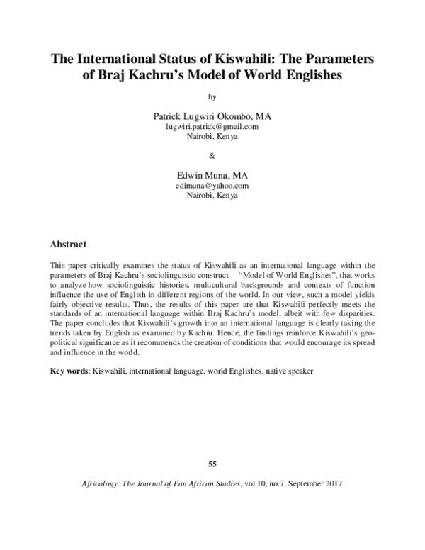 (PDF) The International Status of Kiswahili: The Parameters of Braj Kachru's Model of World ...