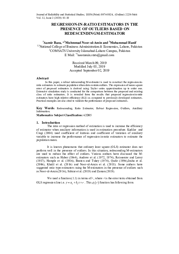 Pdf Regression In Ratio Estimators In The Presence Of Outliers Based