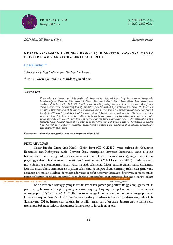 (PDF) Keanekaragaman Capung (Odonata) DI Sekitar Kawasan Cagar Biosfer ...