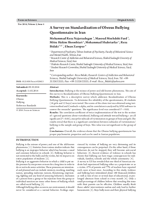 (PDF) A Survey on Standardization of Olweus Bullying Questionnaire in Iran