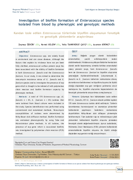 (PDF) Investigation of biofilm formation of Enterococcus species ...