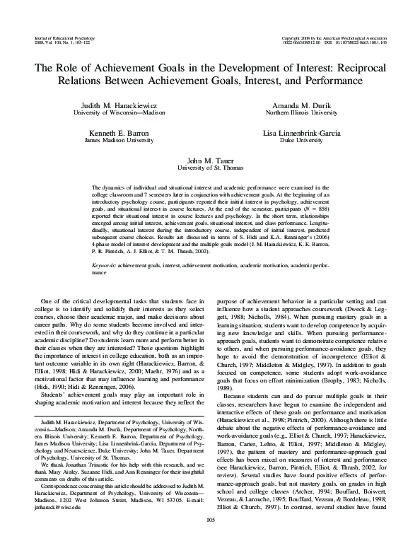 (PDF) The role of achievement goals in the development of interest ...