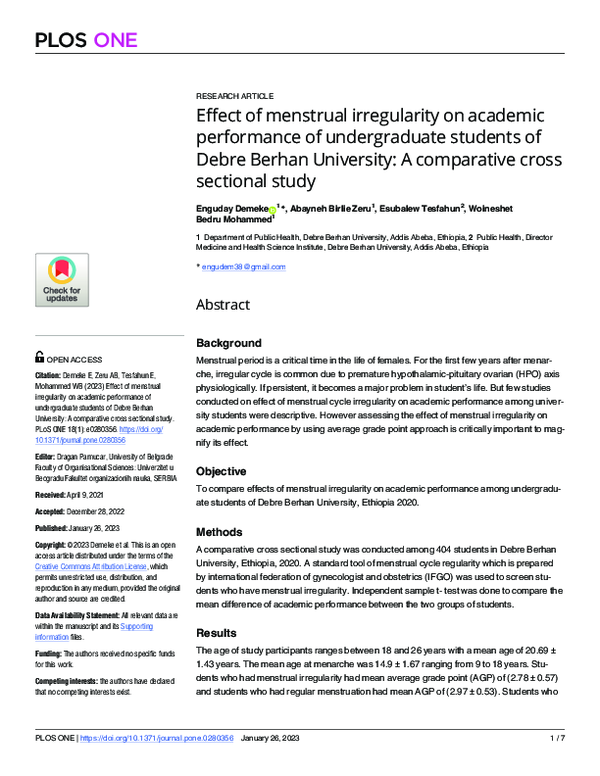 (PDF) Effect of menstrual irregularity on academic performance of undergraduate students of ...