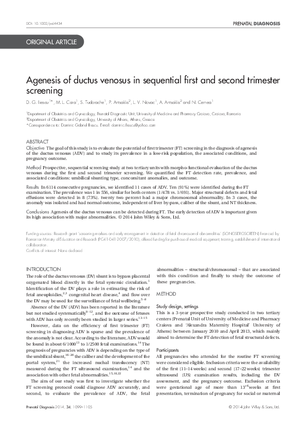 (PDF) Agenesis of ductus venosus in sequential first and second trimester screening | Gabriel ...