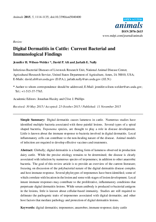 (PDF) Digital Dermatitis in Cattle: Current Bacterial and Immunological ...
